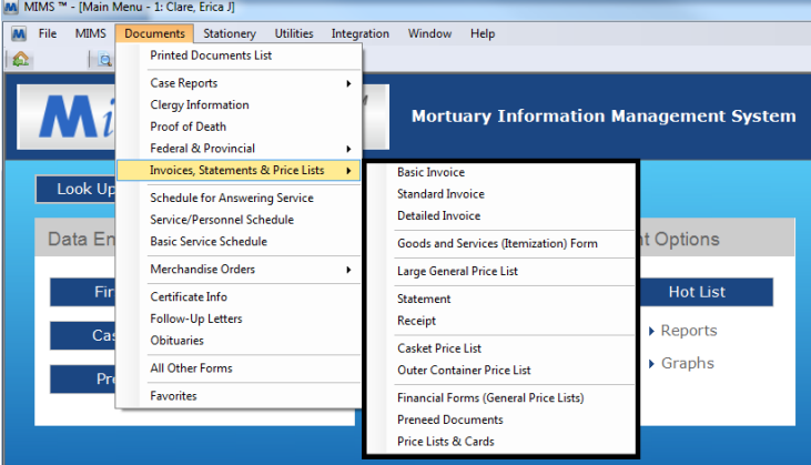 Documents Menu