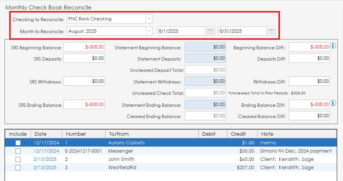 Reconcile Checks Tab